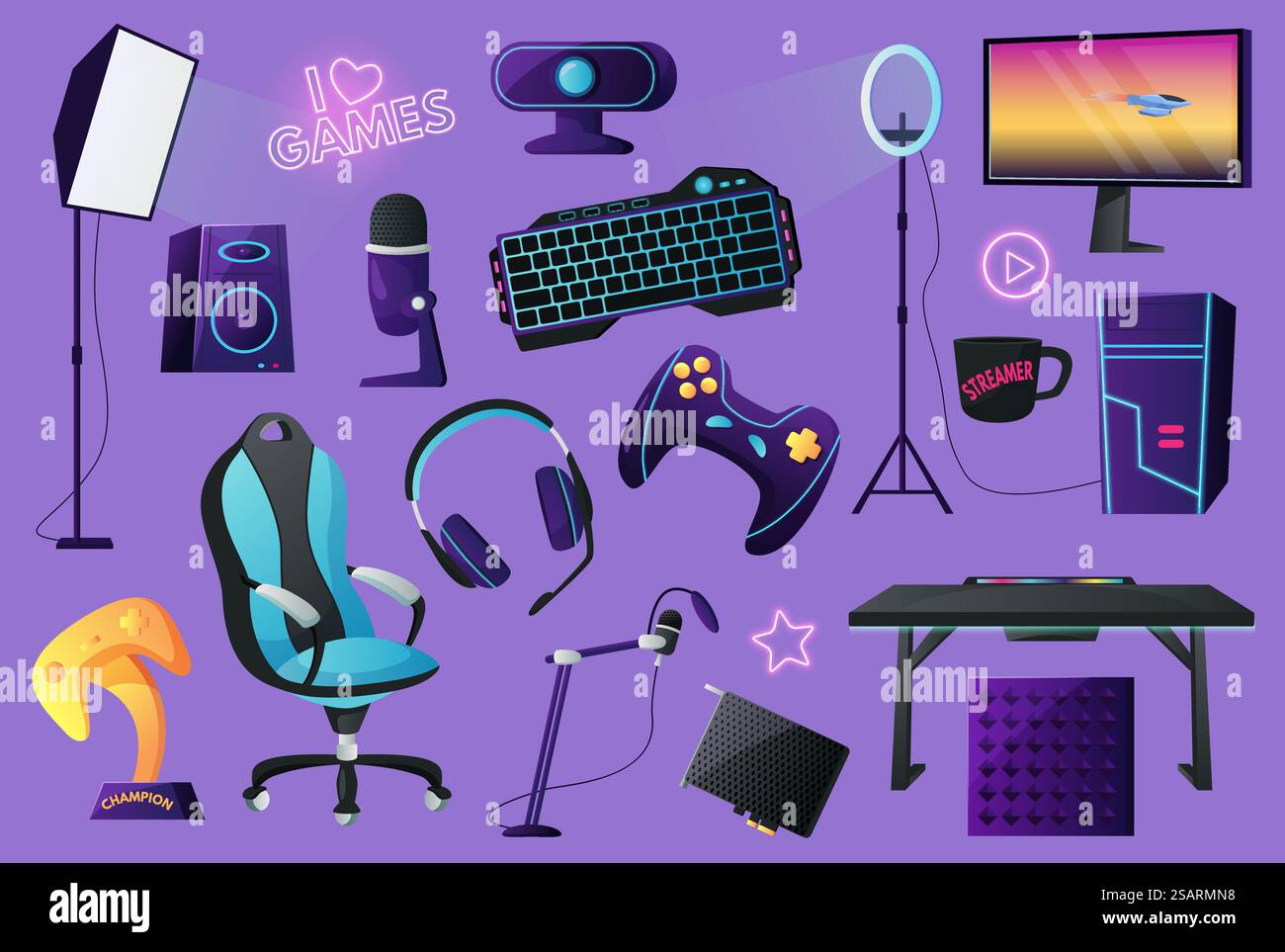 Streamer room assets. Gaming keyboard, chair and headphones. Gamer ...
