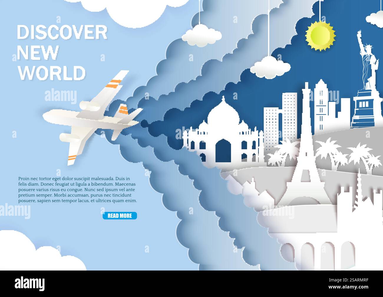 Discover new world web banner template. Vector layered paper cut style ...
