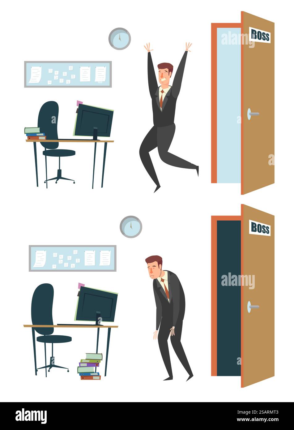 Happy and sad male cartoon characters leaving boss hi-res stock ...