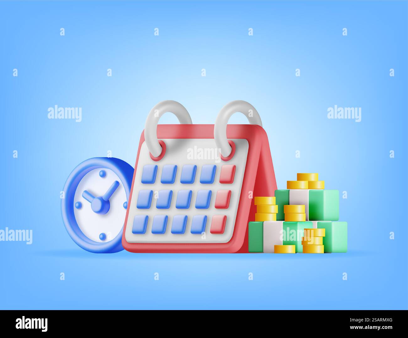 3D Clock, Calendar and Dollars, Golden Coins. Render Time is Money ...