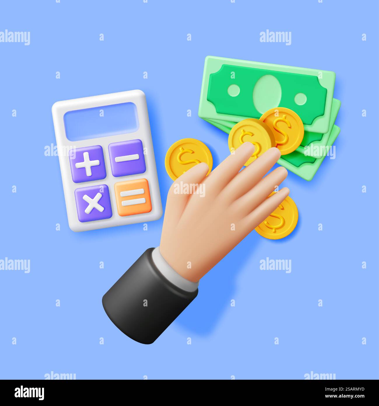 3D Hand with Calculator and Cash Money Isolated. Render Counting Money ...
