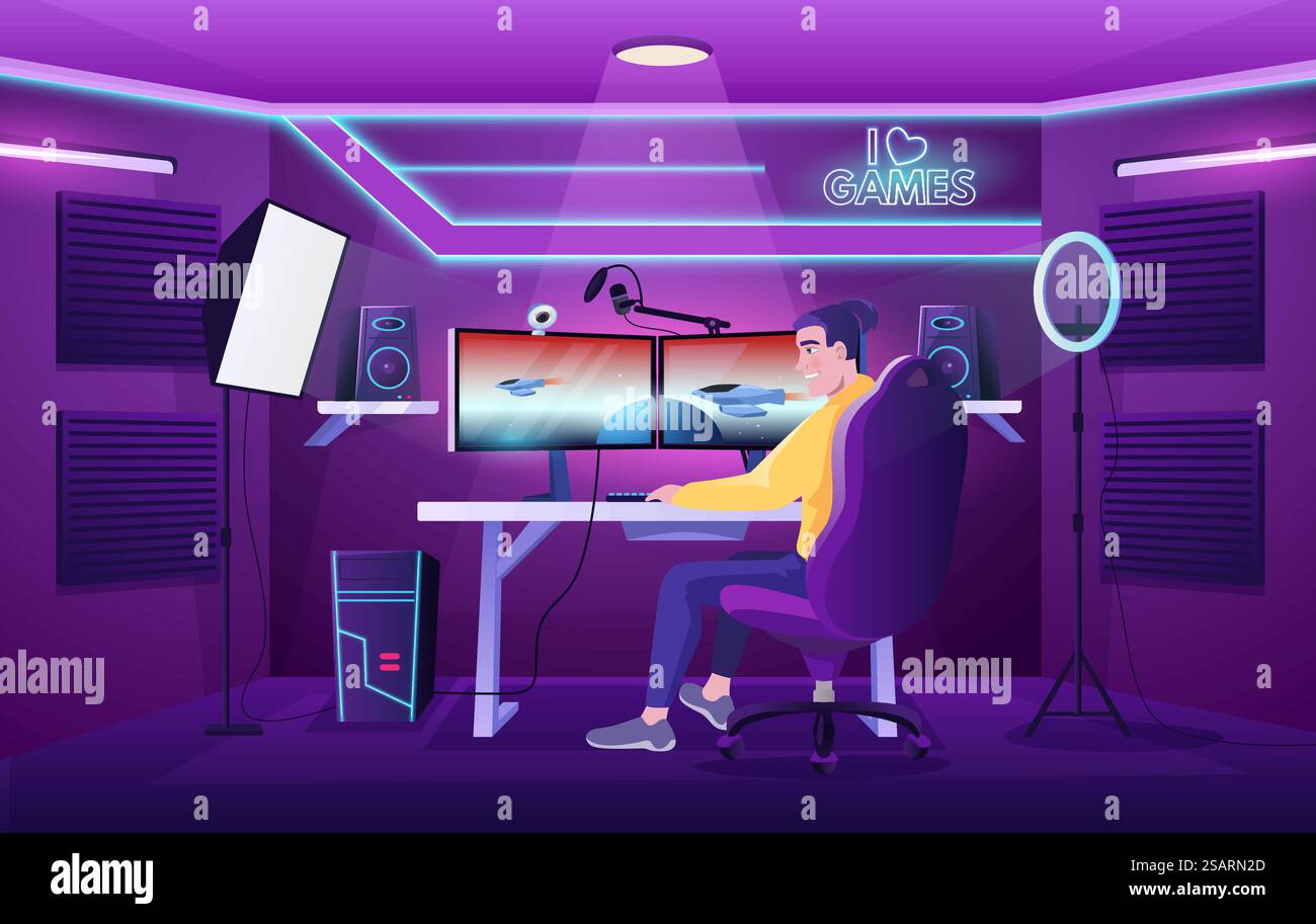 Streamer room. Professional gamer play computer games in gaming ...