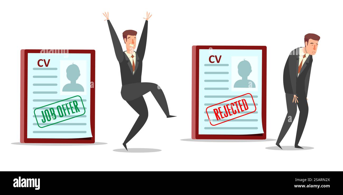 Resume cv with job offer and rejected stamps, happy and sad businessmen ...