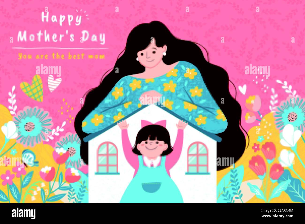 Mother’s Day illustration in warm hand drawn style. Woman is taking ...