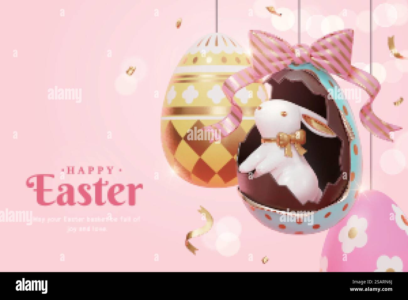 3d cartoon Easter holiday template with cute rabbit hiding in a hanging ...