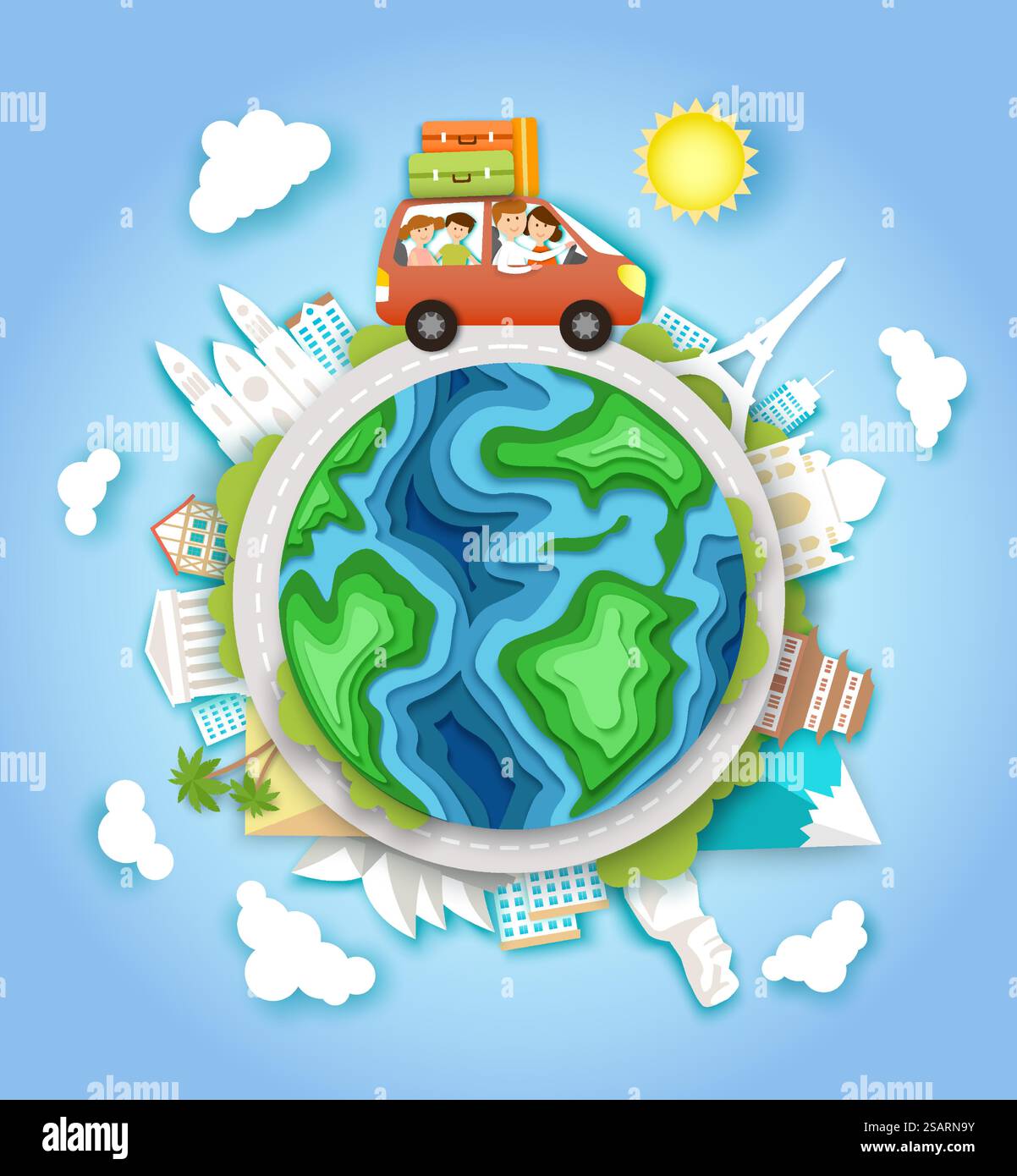 World car travel, vector illustration in paper art style. Happy family ...