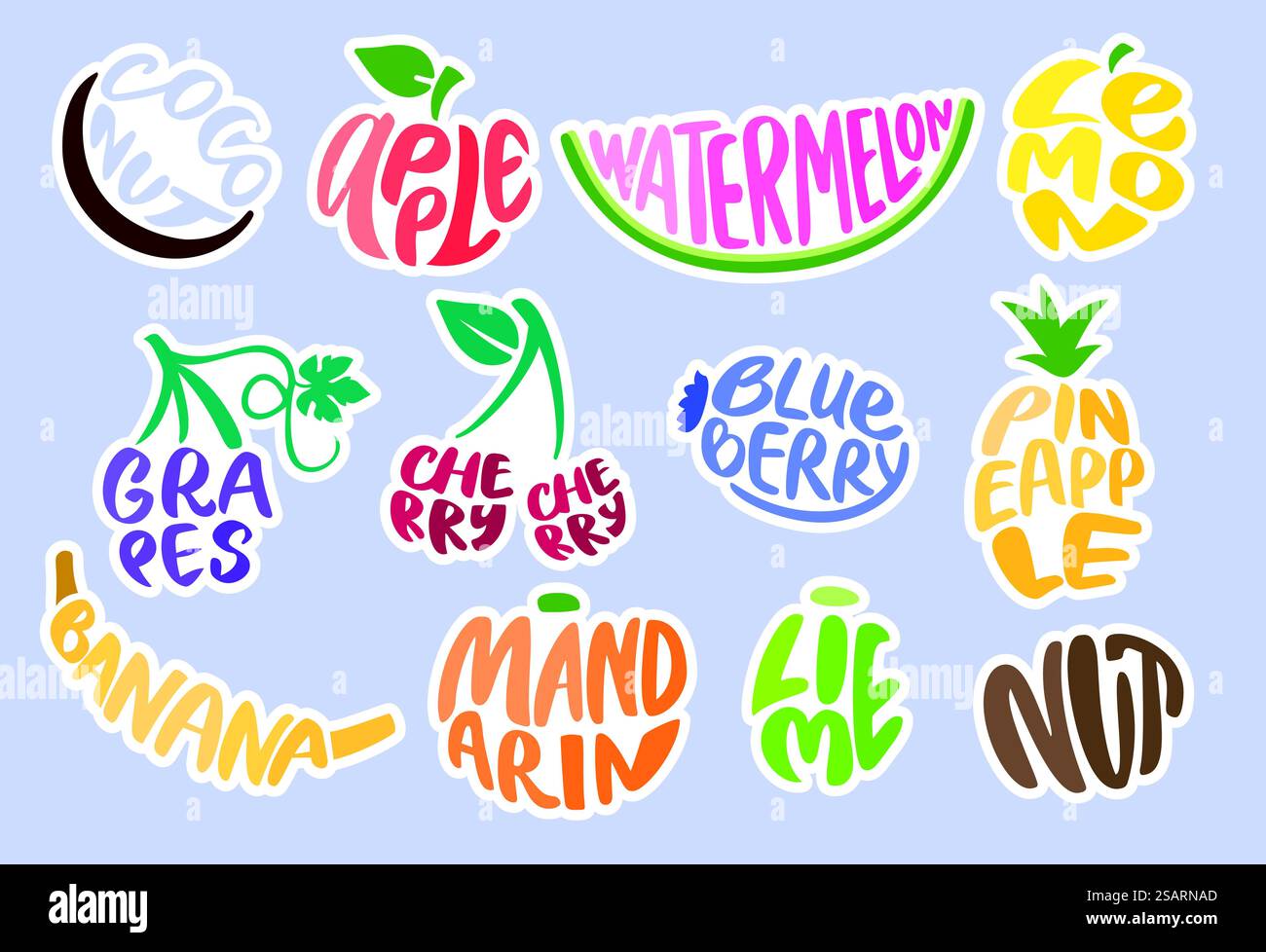 Fruits lettering. Calligraphy food badges, cherry and coconut ...