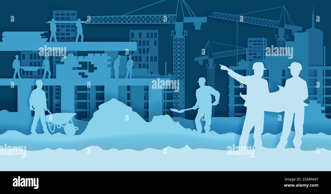 Construction site with engineer and workers, vector illustration in ...