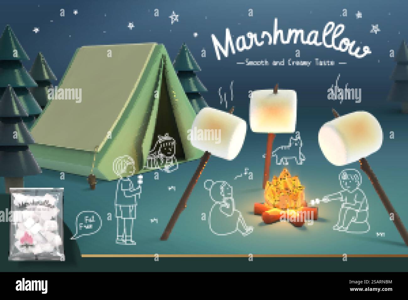 Marshmallow ad banner in 3d illustration with kids roasting ...