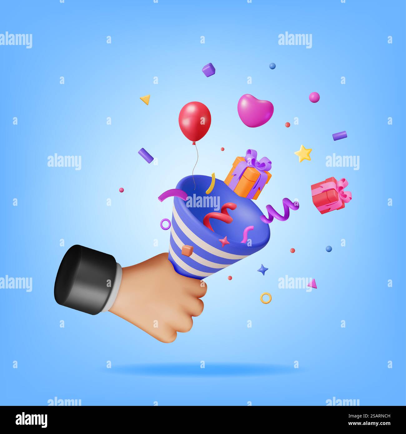 3D Party Popper with Confetti in Hand Isolated. Render Plasticine ...