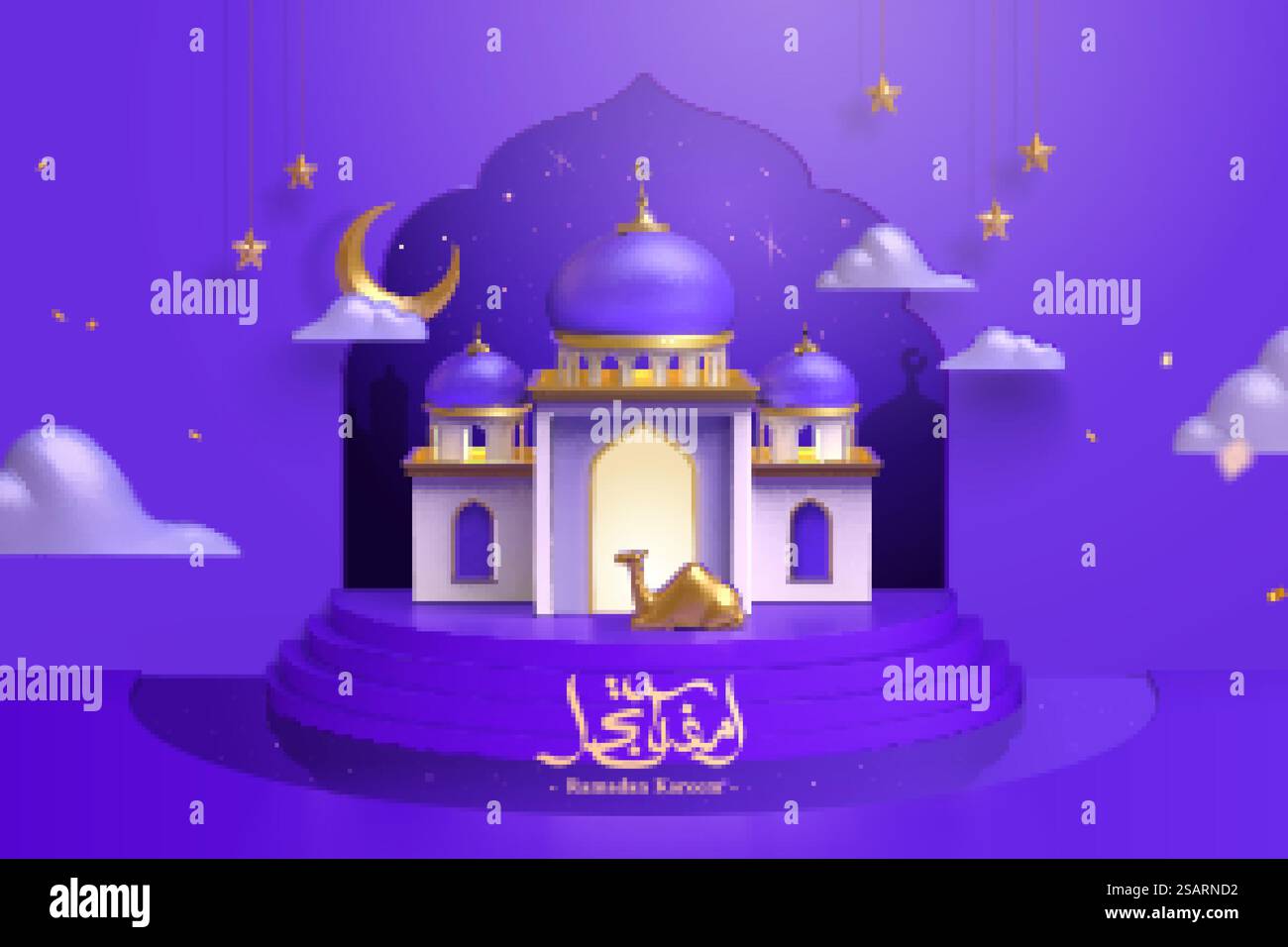 3d surreal Arabic banner, designed with a lit up mosque model on stair ...