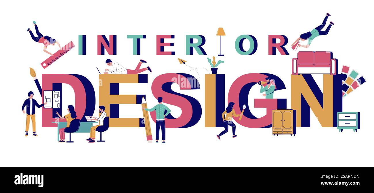 Interior design typography vector banner template. Busy people tiny ...