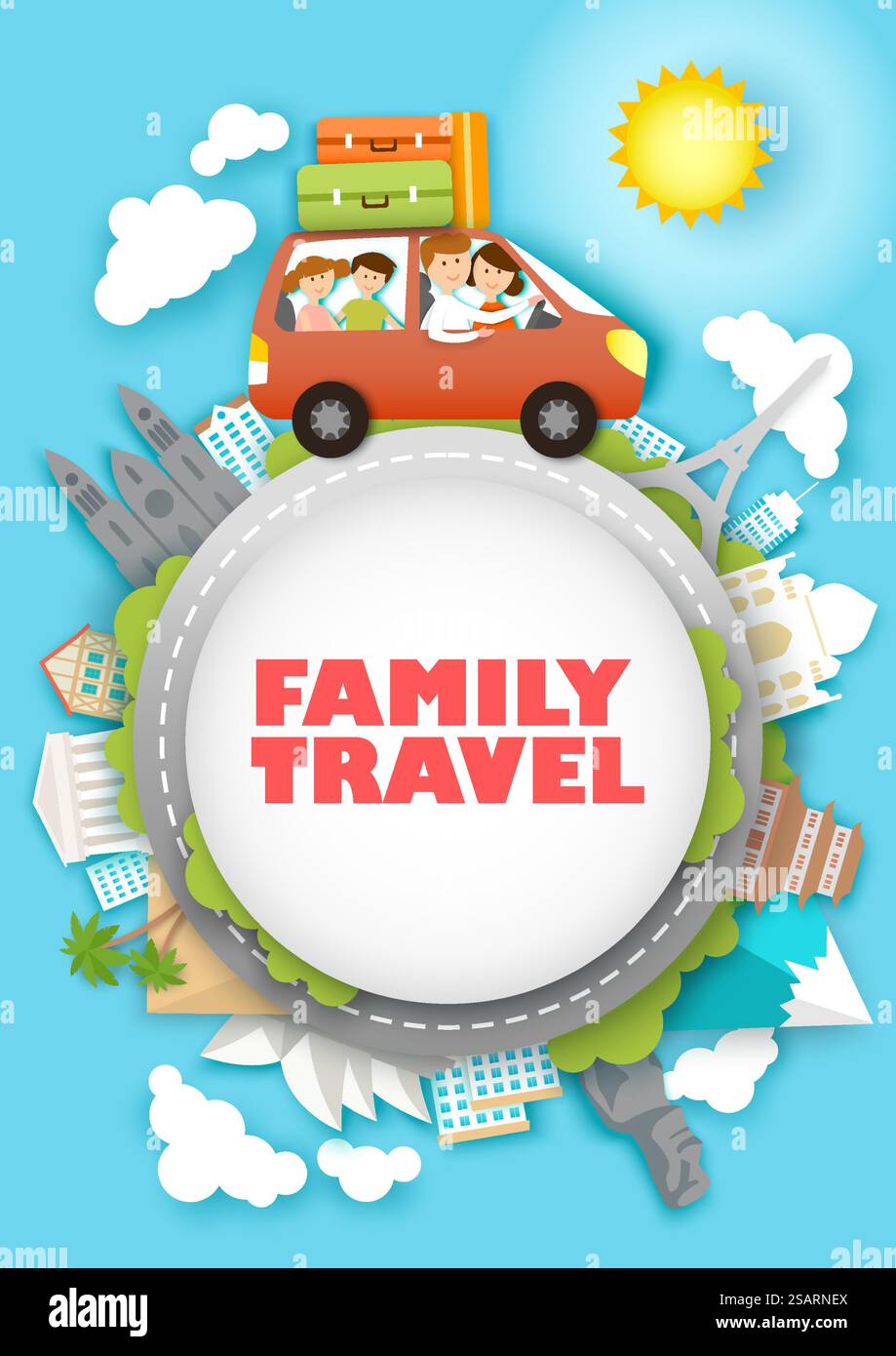 Family travel, vector illustration in paper art style. happy father ...