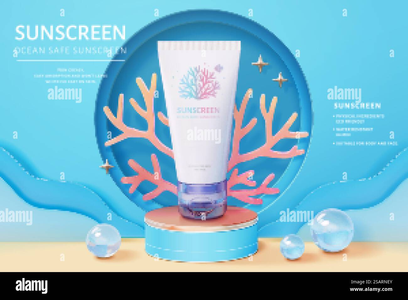 3d ocean friendly sunscreen ad template in underwater theme. Tube mock ...