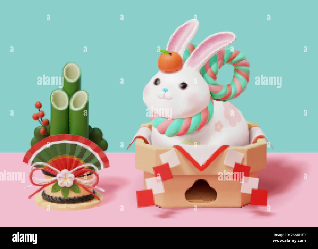 3D Rabbit kagami mochi displayed on sanpo and kadomatsu. 2023 Japanese ...