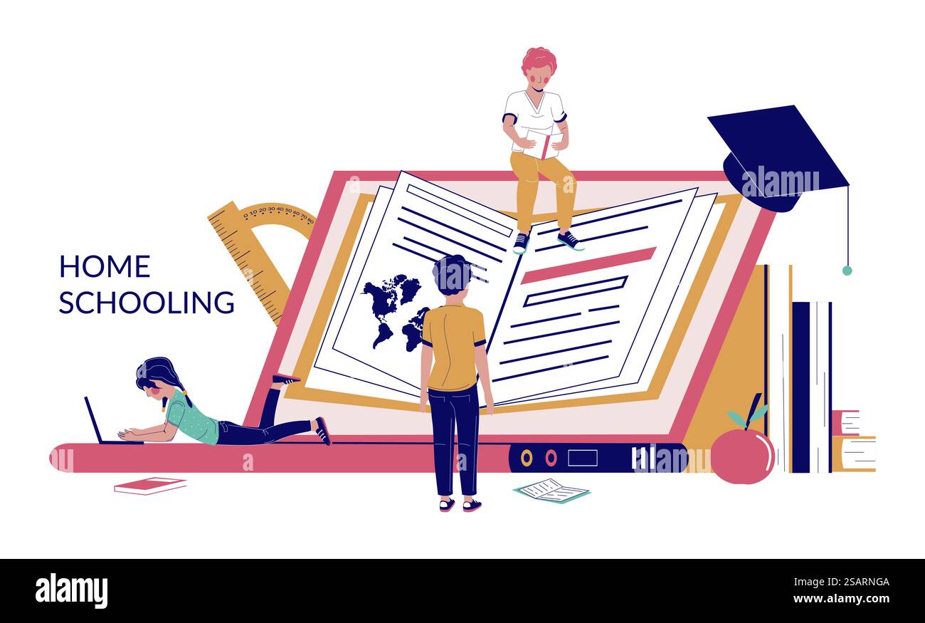 Home schooling, vector flat illustration. Huge laptop and tiny school ...