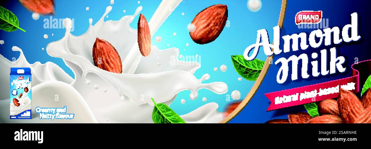 Almond milk ads with splashing liquid and seeds on blue background in ...