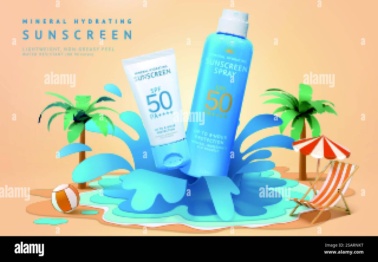 3d summer sunscreen ad template. Cosmetic product mock-ups flying on ...