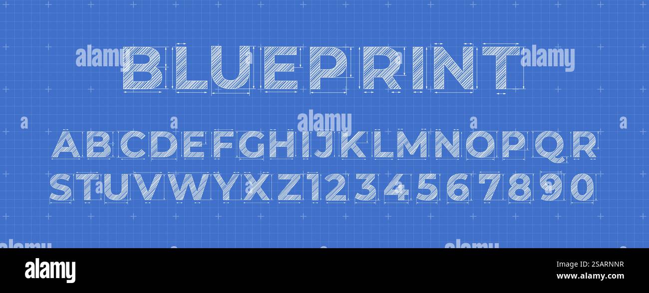 Blueprint lettering. Construction engineer font, architectural alphabet ...
