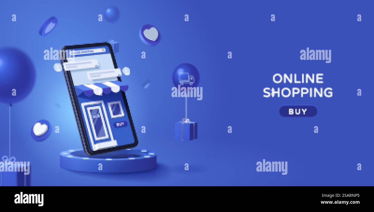 Online store via mobile phone set on podium with floating gift boxes ...