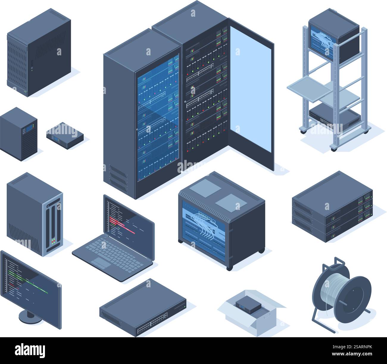 Isometric data center, network technology and hosting servers equipment. Network server room ...