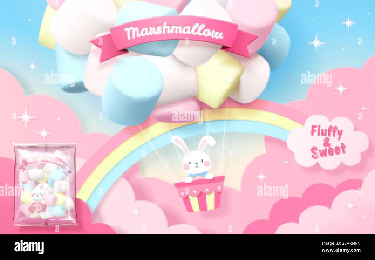 Marshmallow ad in 3d illustration with bunny flying in pastel ...