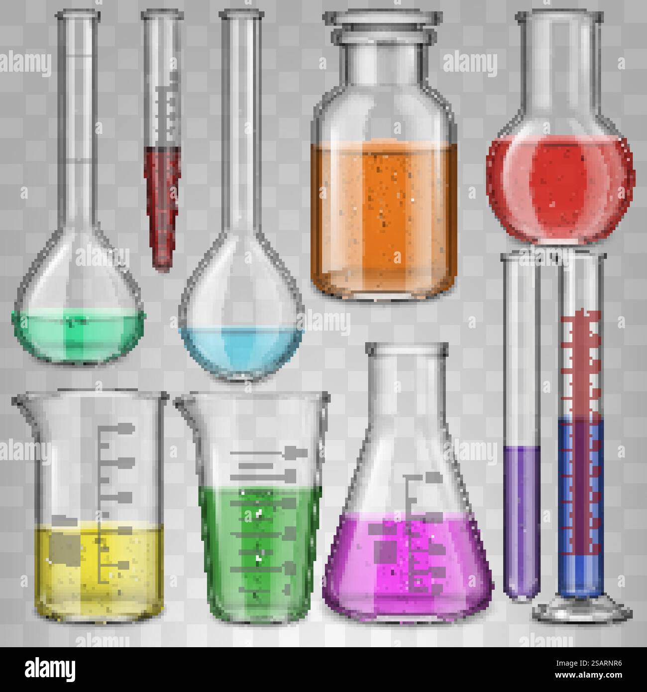 Realistic chemical lab glass beaker, filled test tubes, flask ...