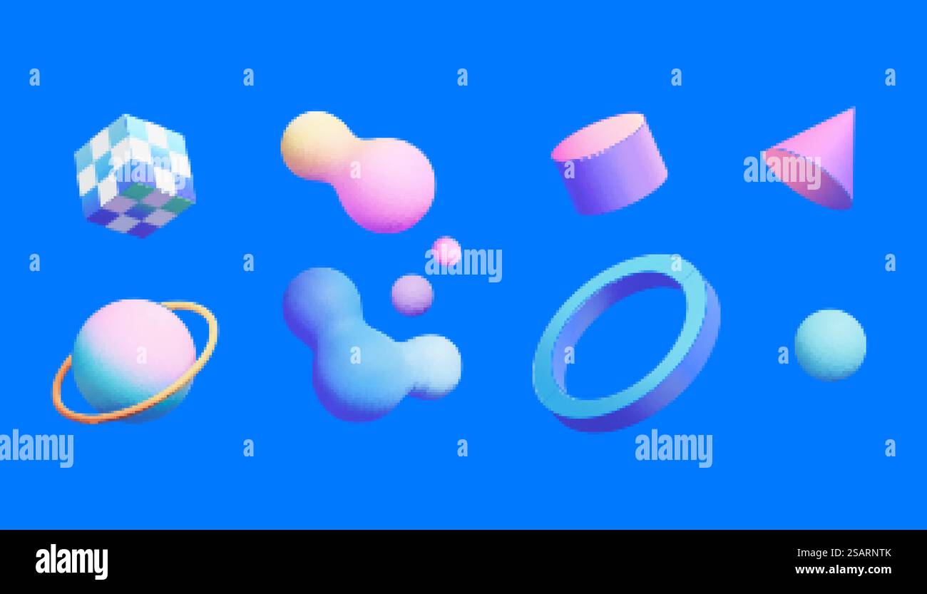 3d futuristic gradient geometric shapes, including fluid bubbles, ring, sphere, cube, and cone ...