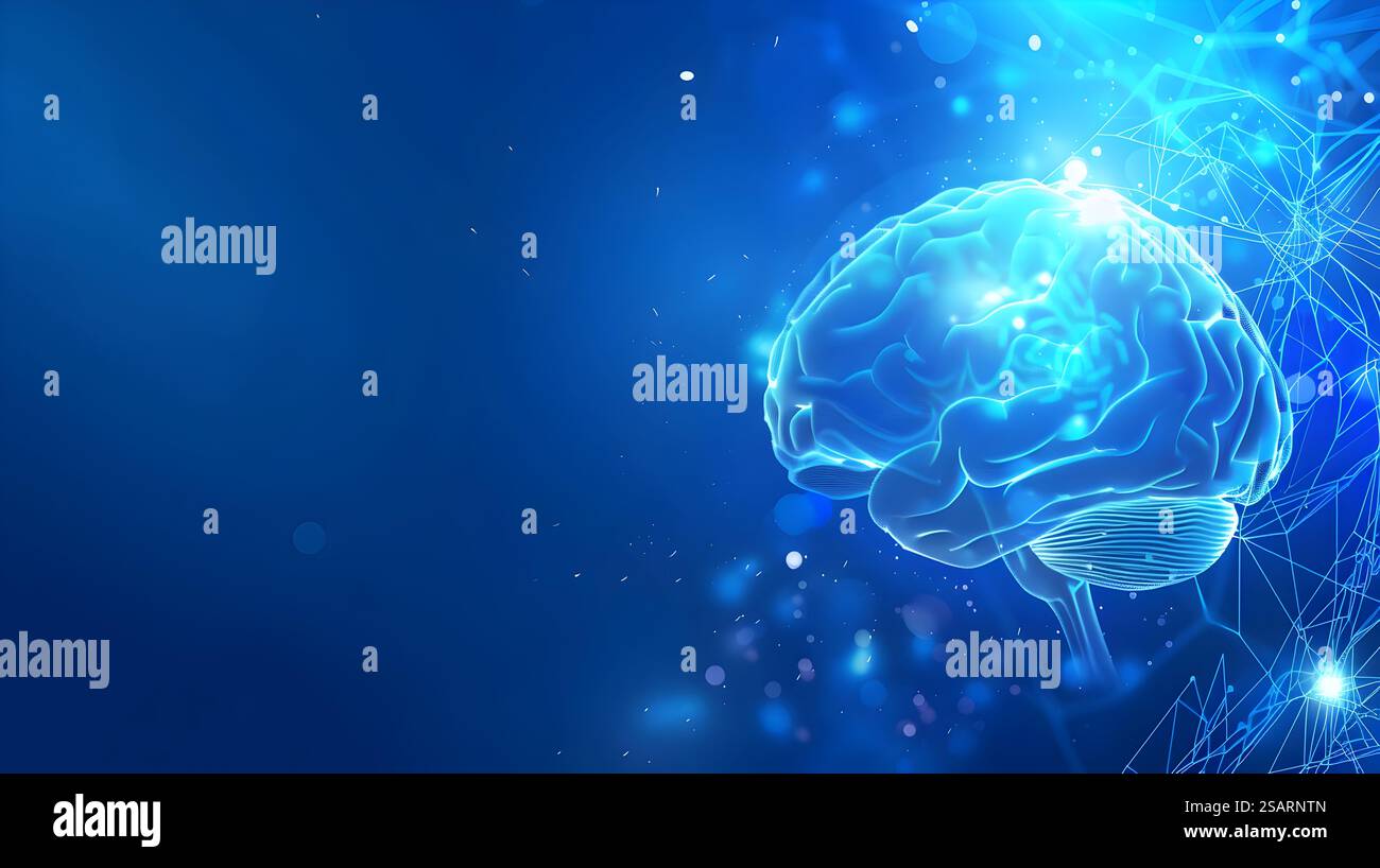 This captivating digital image showcases a glowing blue brain,a representation of the human ...