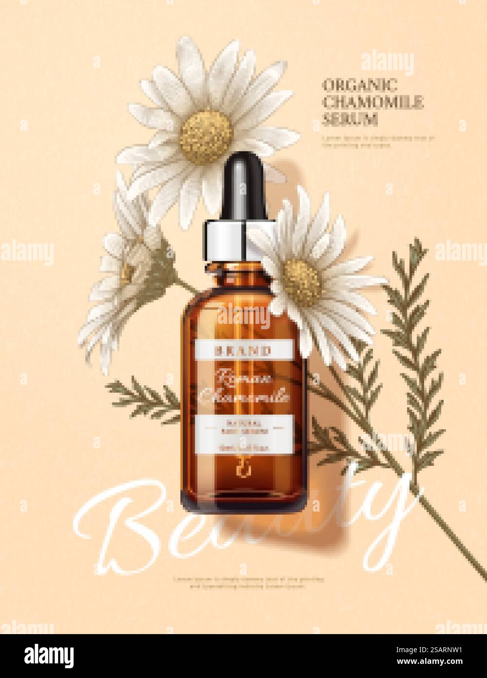 3d illustration of beauty product ad, designed with engraving chamomile ...