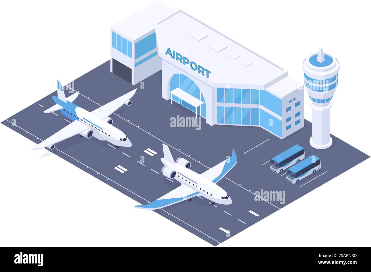 Isometric airport building and runway, plane taking off. International ...