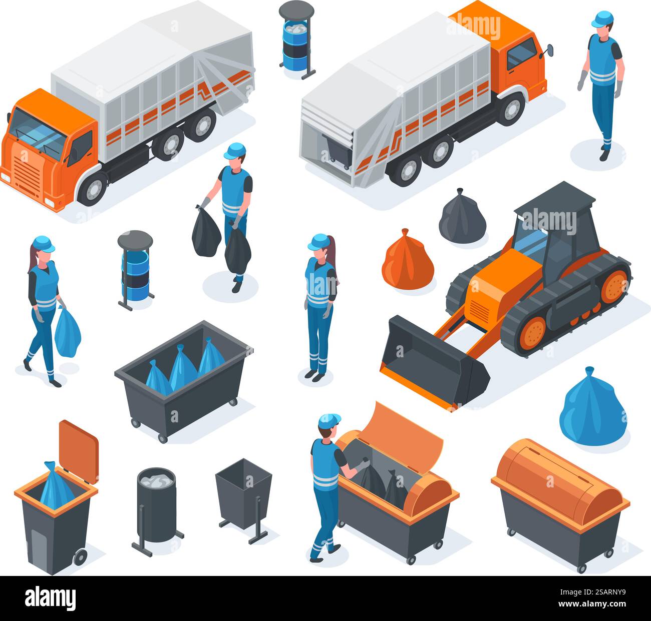 Isometric 3d garbage landfill, bulldozer, trash truck and scavengers ...