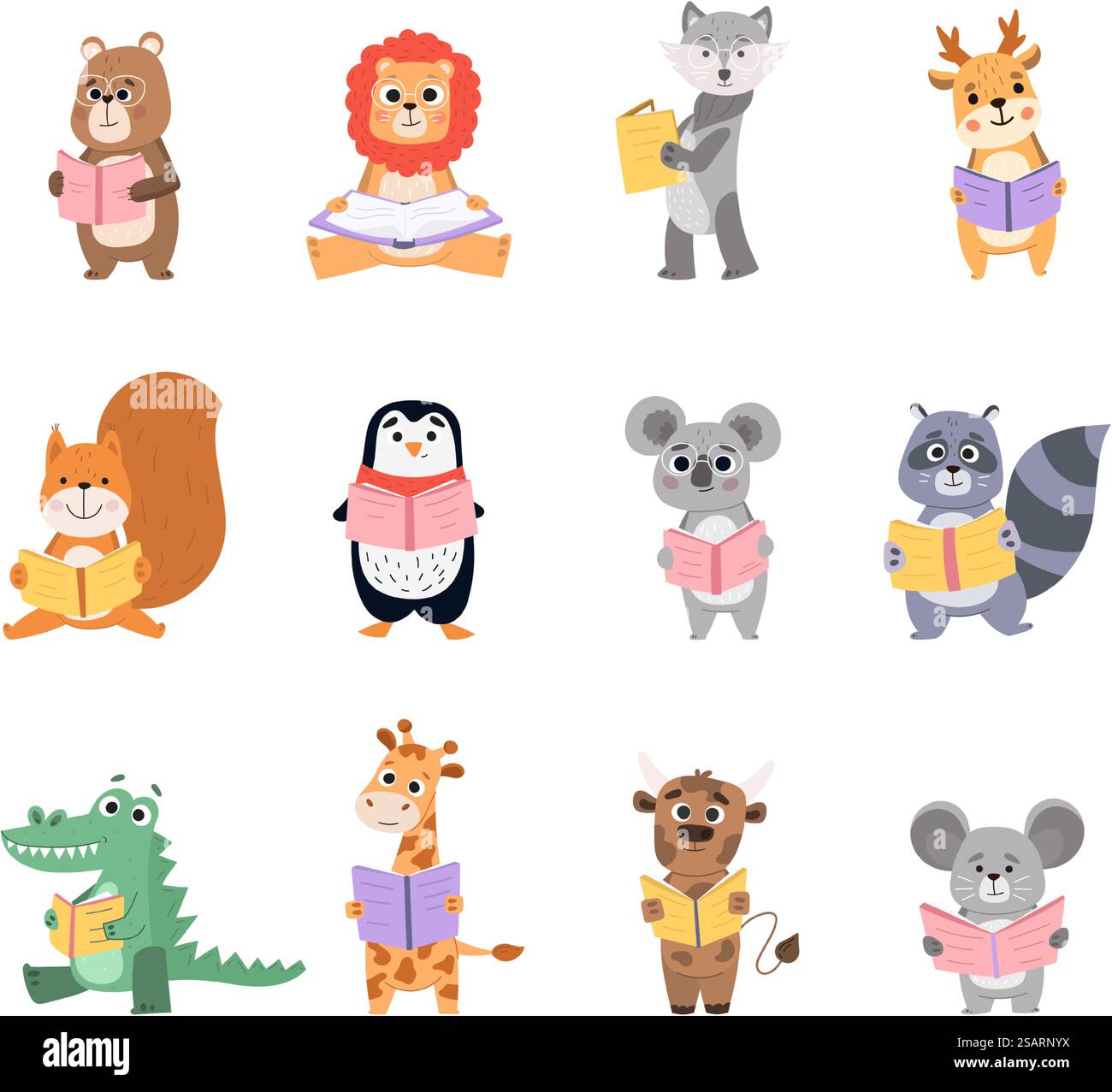 Reading animals characters, bear, lion and wolf read books. Animal kids ...