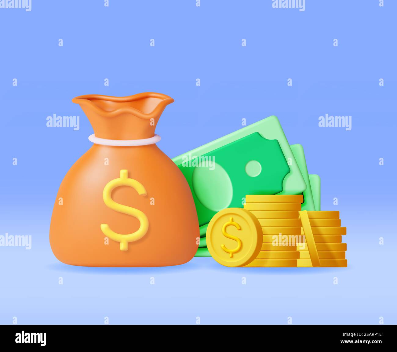 3D Money Cloth Bag with Dollar Sign and Cash Money Isolated. Render ...