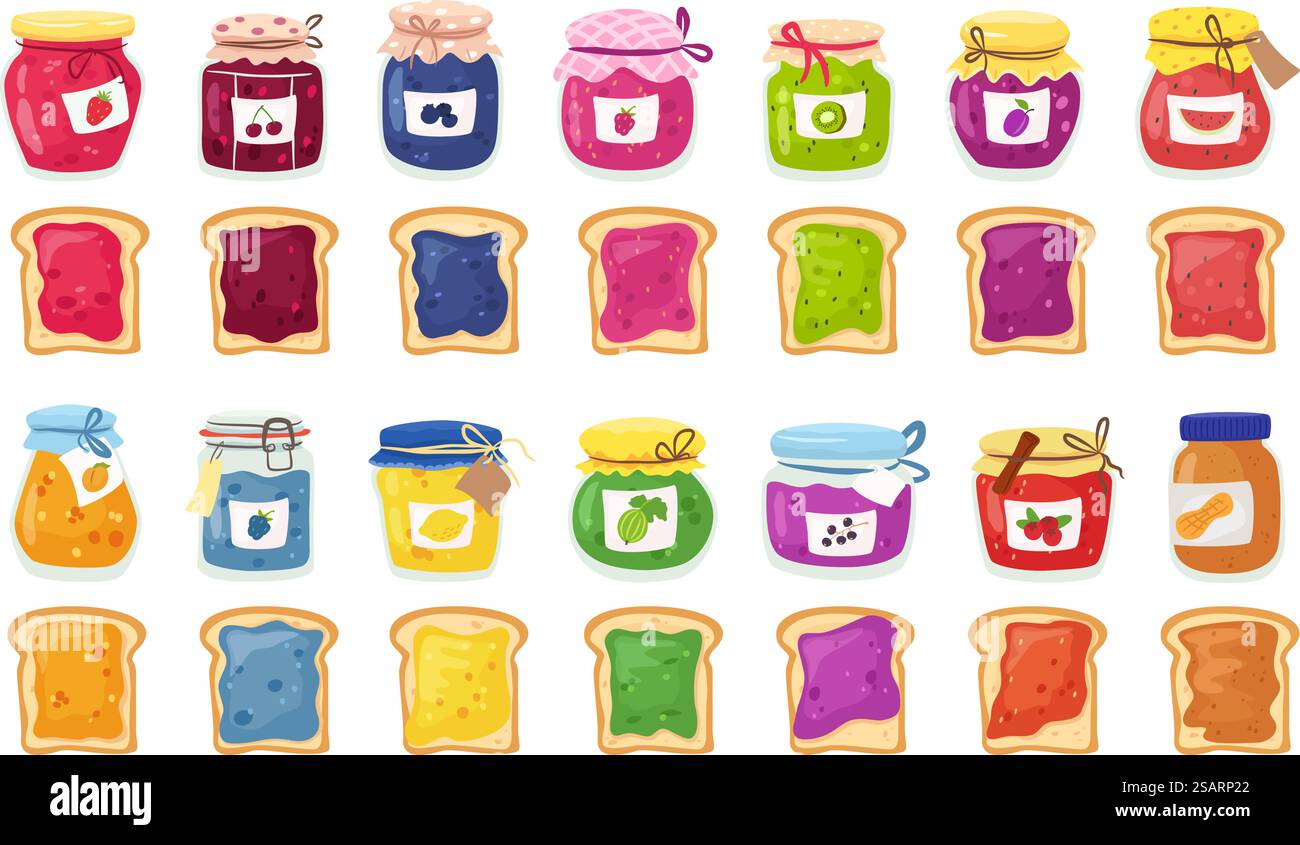 Toast spread with jams. Glass jam and jellies jars for sandwich spreads ...