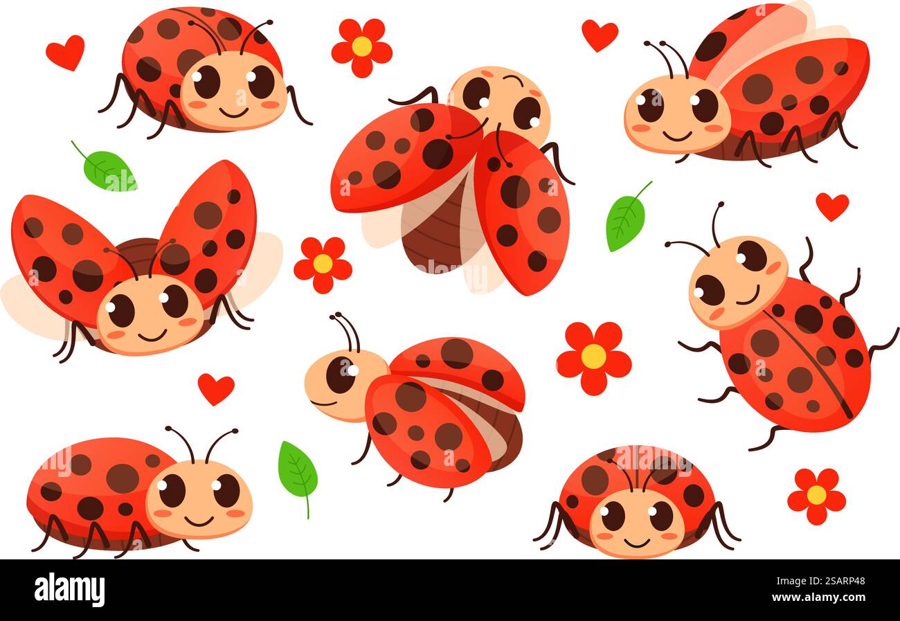 Cartoon ladybug. Cute ladybugs, garden red bugs and lady insect vector ...