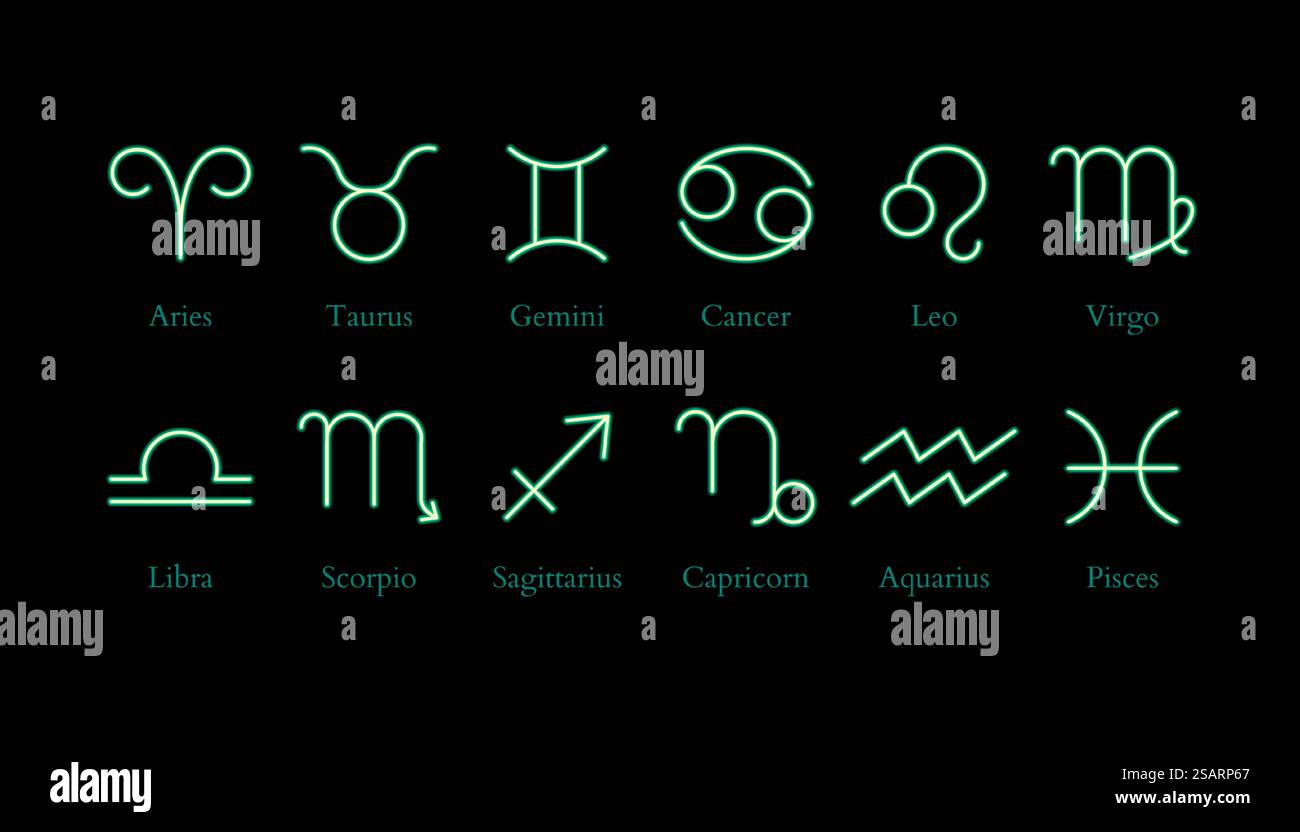 12 Neon zodiac symbols in neon line style. Set of ordered neon astrological icons including ...