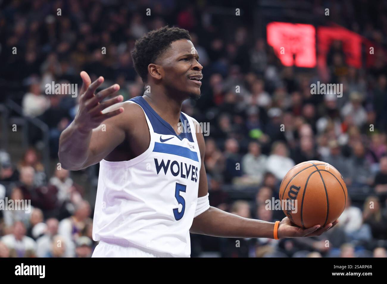 Minnesota Timberwolves guard Anthony Edwards reacts after a play ...