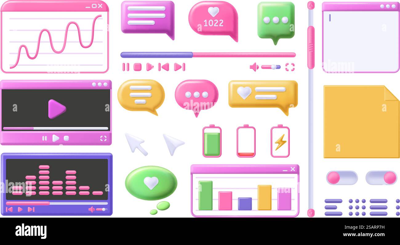 Design 3D elements. Video player window, notes and text editor app ...