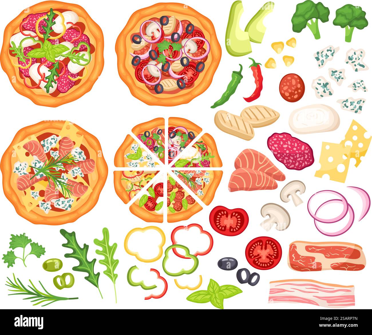 Pizza designer. Ingredients for cooking, sliced vegetables and top view ...
