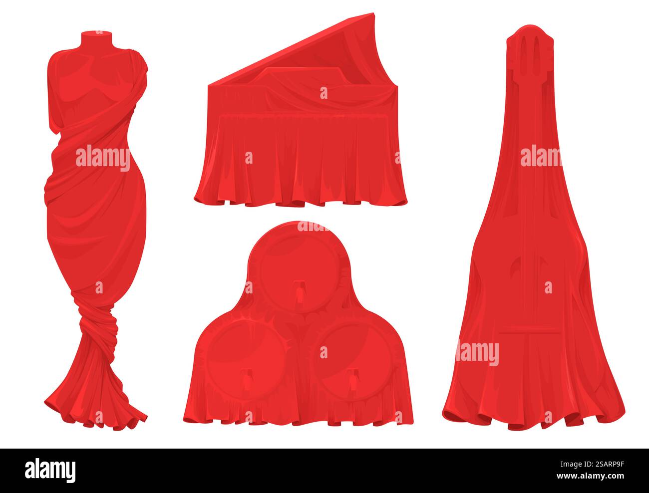 Red fabric cloth cover on different object offering for exhibition and ...