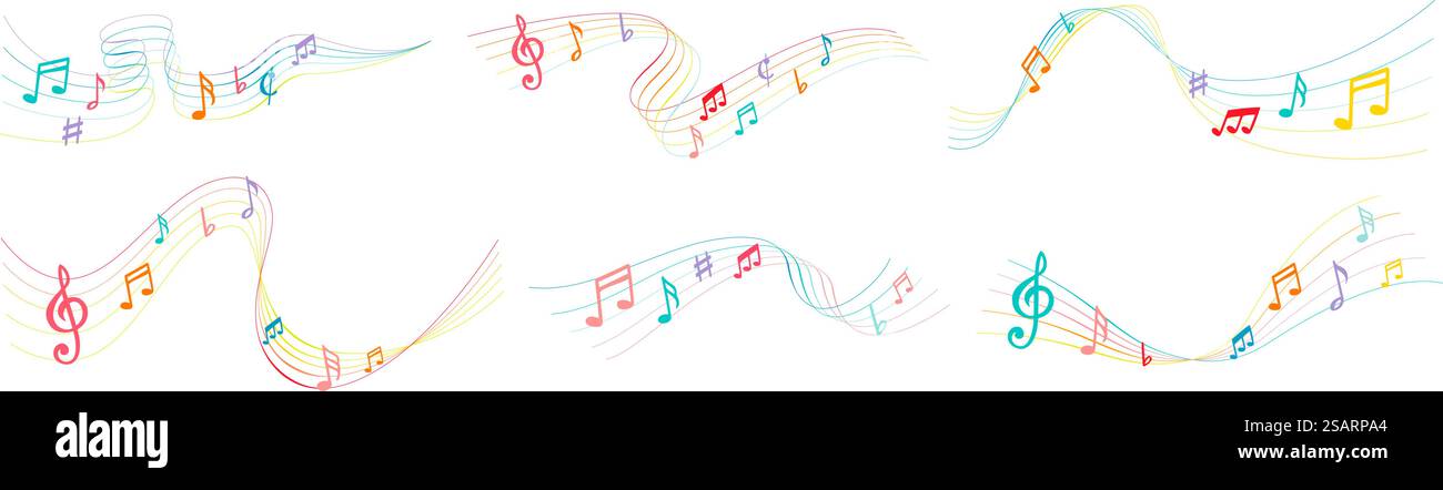 Color music notes. Musical notation lines with note symbols, song waves ...