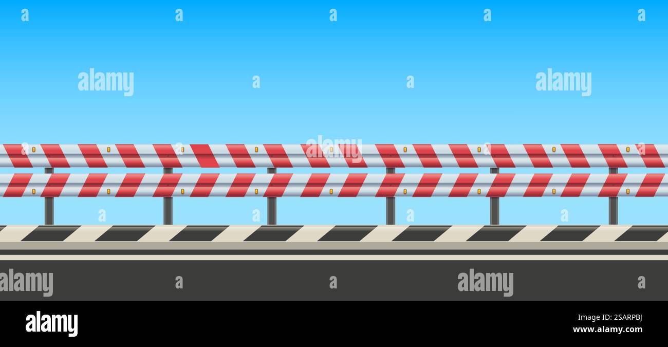 Roadside with guard rail. Highway side with safety roadguard fence, striped crash barrier and ...