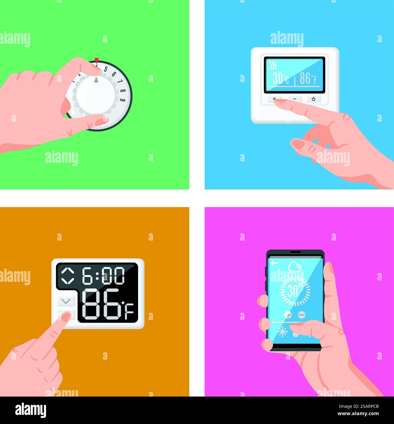 Person hand set temperature level. Switching thermostat, house climate ...