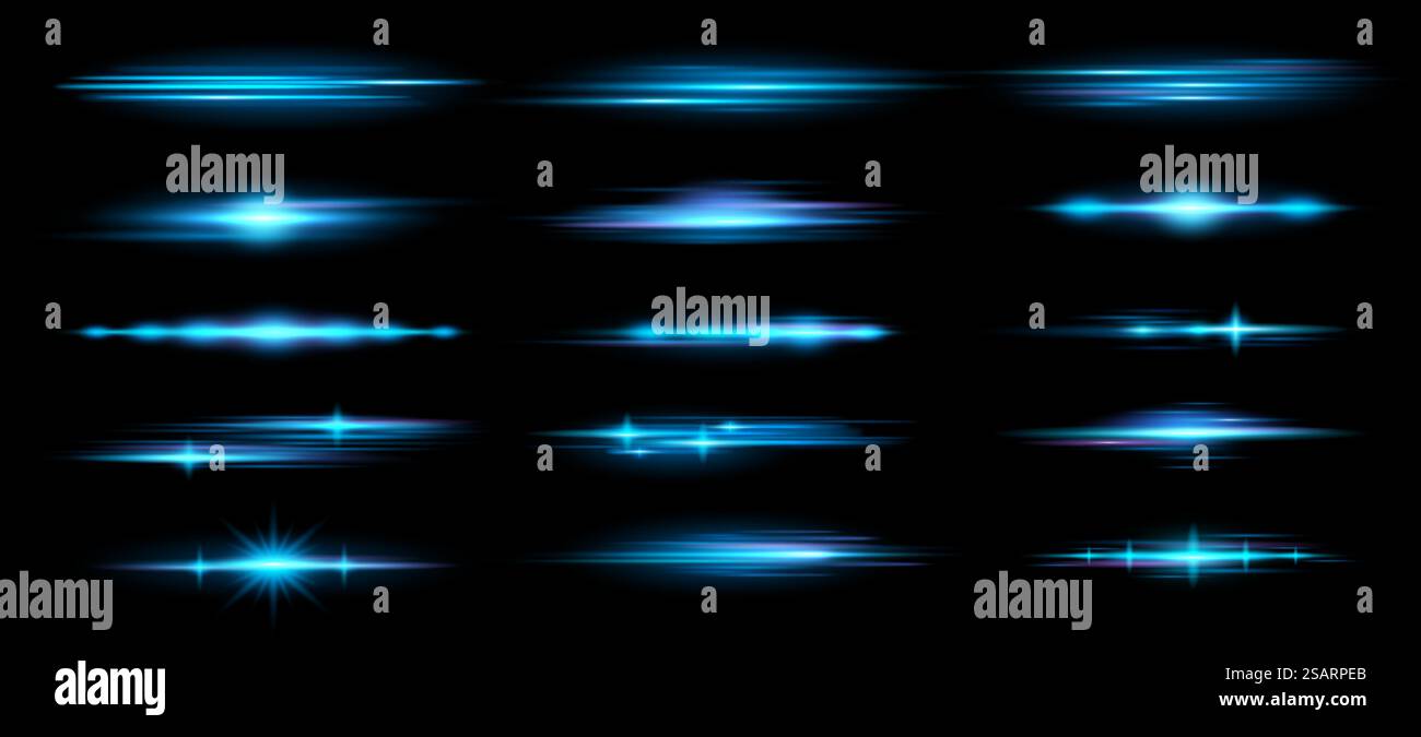 Horizontal lens flares. Blue horizontal light rays, luminous lines glow ...