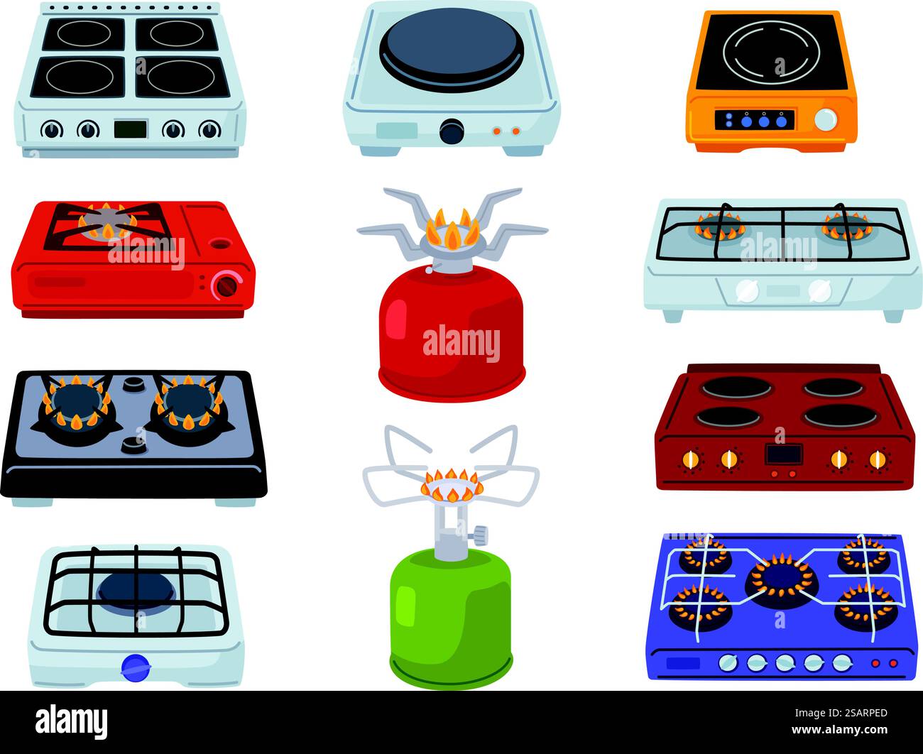 Cartoon stoves. Kitchen electric hob, camping stove gas burner and ...