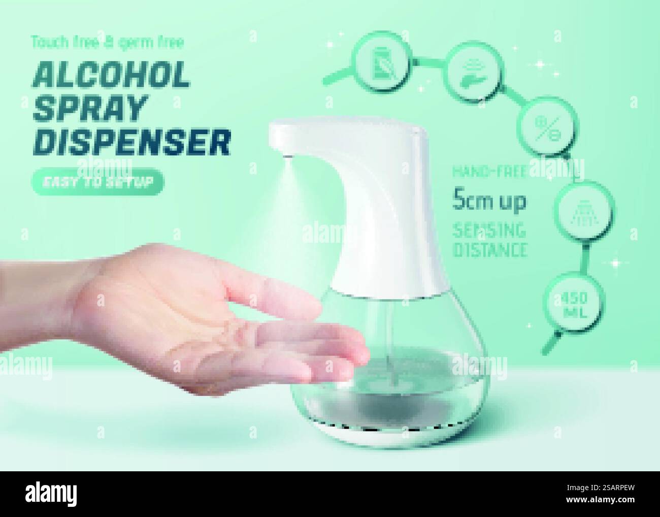 3d ad template of touch free alcohol spray dispenser. Realistic hand ...