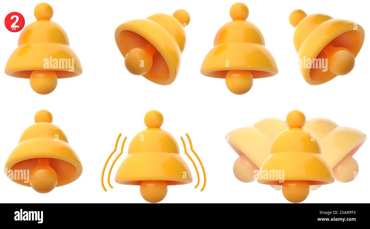 Notification bells 3D icons. Yellow bell with notifications counter, ring sound and different ...