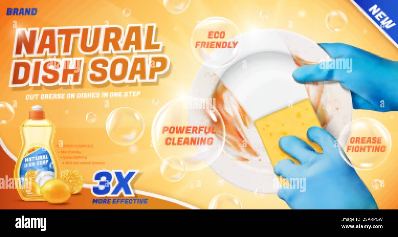 Ad template for natural dish soap, with hands in blue gloves using ...