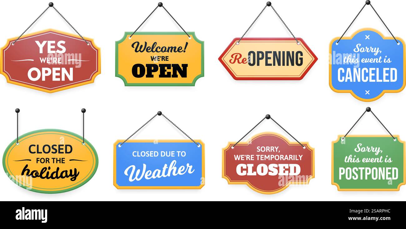 Hanging door sign. Sorry, event is canceled or postponed label, closed ...